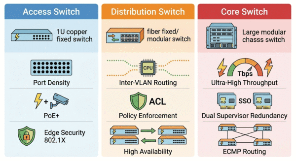 Core vs Distribution vs Access Switch: Architecture Guide