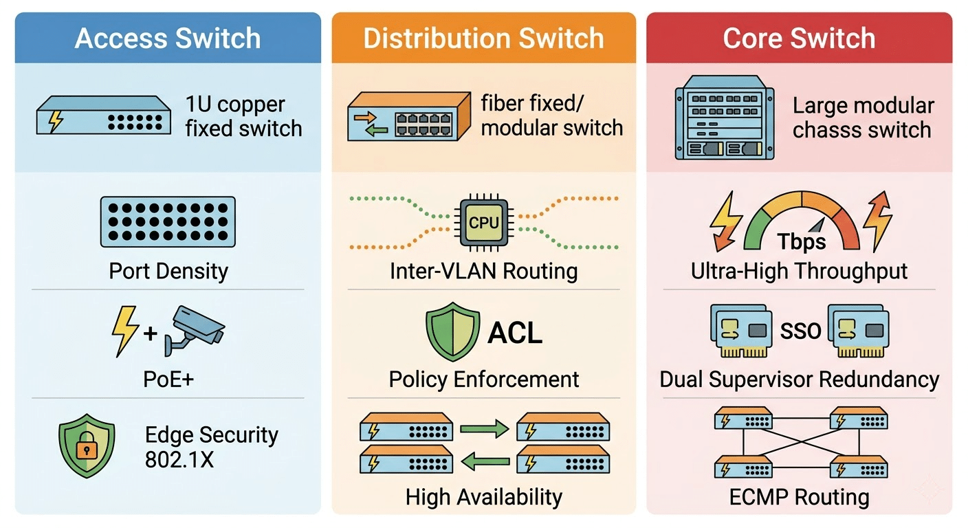 Core vs Distribution vs Access Switch: Architecture Guide