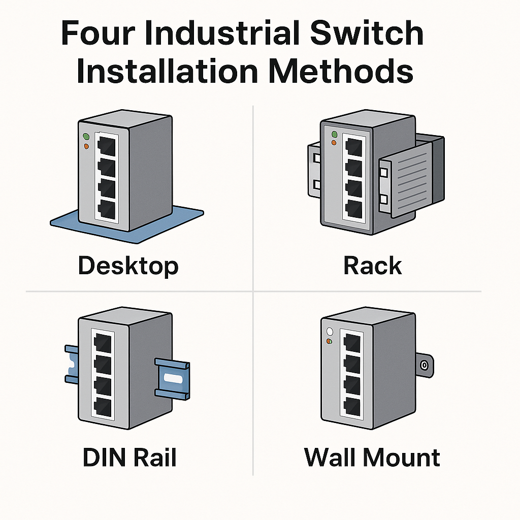 Industrial Switch Installation Methods: Desktop, Rack, DIN Rail, Wall Mount